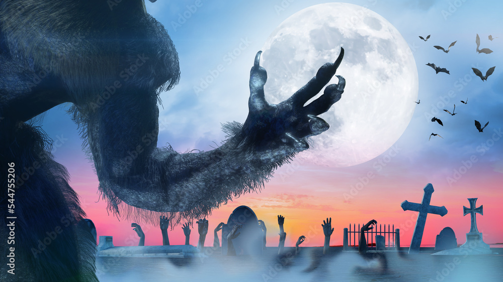scary monster hand, furry werewolf paw for halloween background render ...