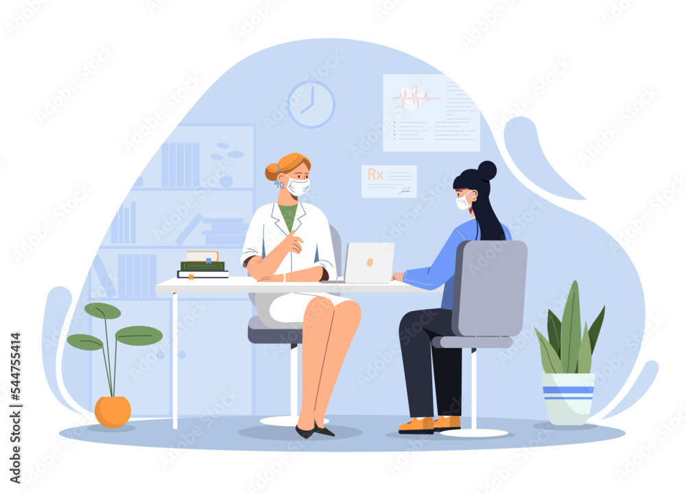 Woman visiting doctor. Specialist in medical gown interviewing patient ...