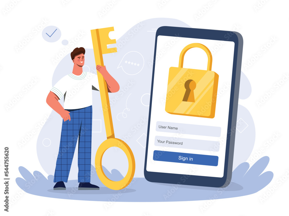 Man with password. Young guy with key stands in front of smartphone ...