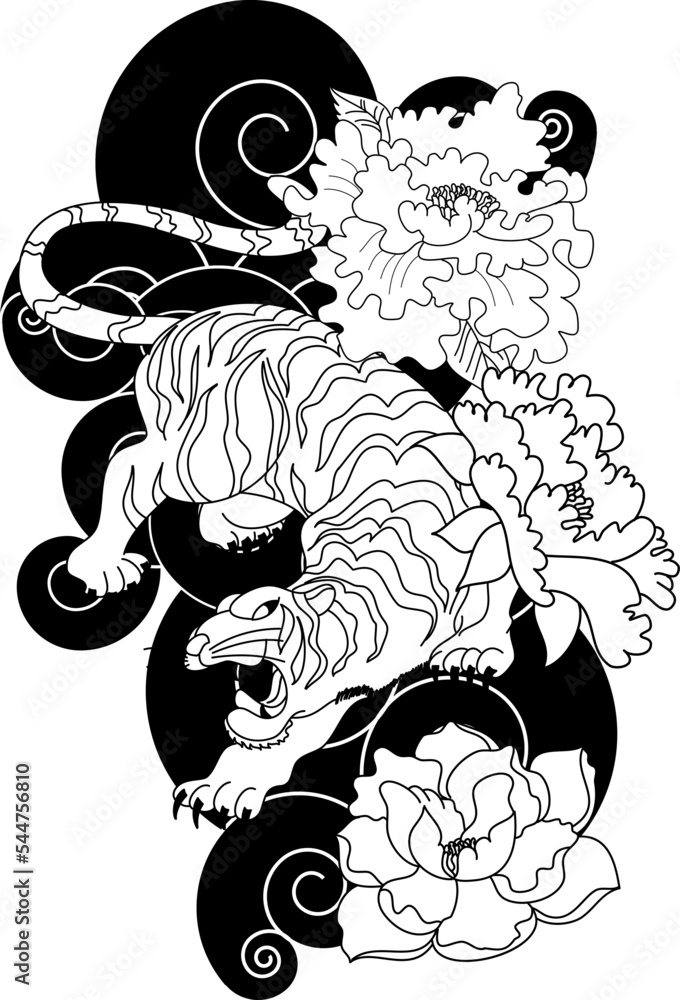 Doodle art style tiger face with cherry flower and rising sun tattoo ...
