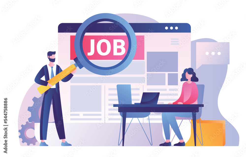 Employment agency concept. Man with magnifying glass and woman ...
