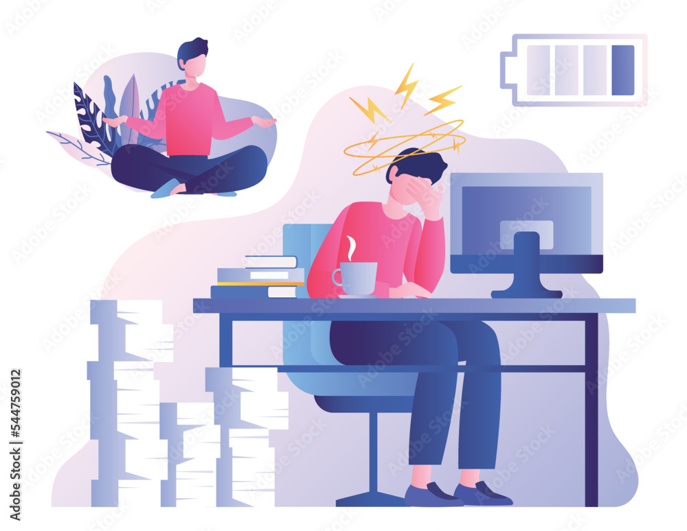 Office stress concept. Man sitting at computer with low battery ...