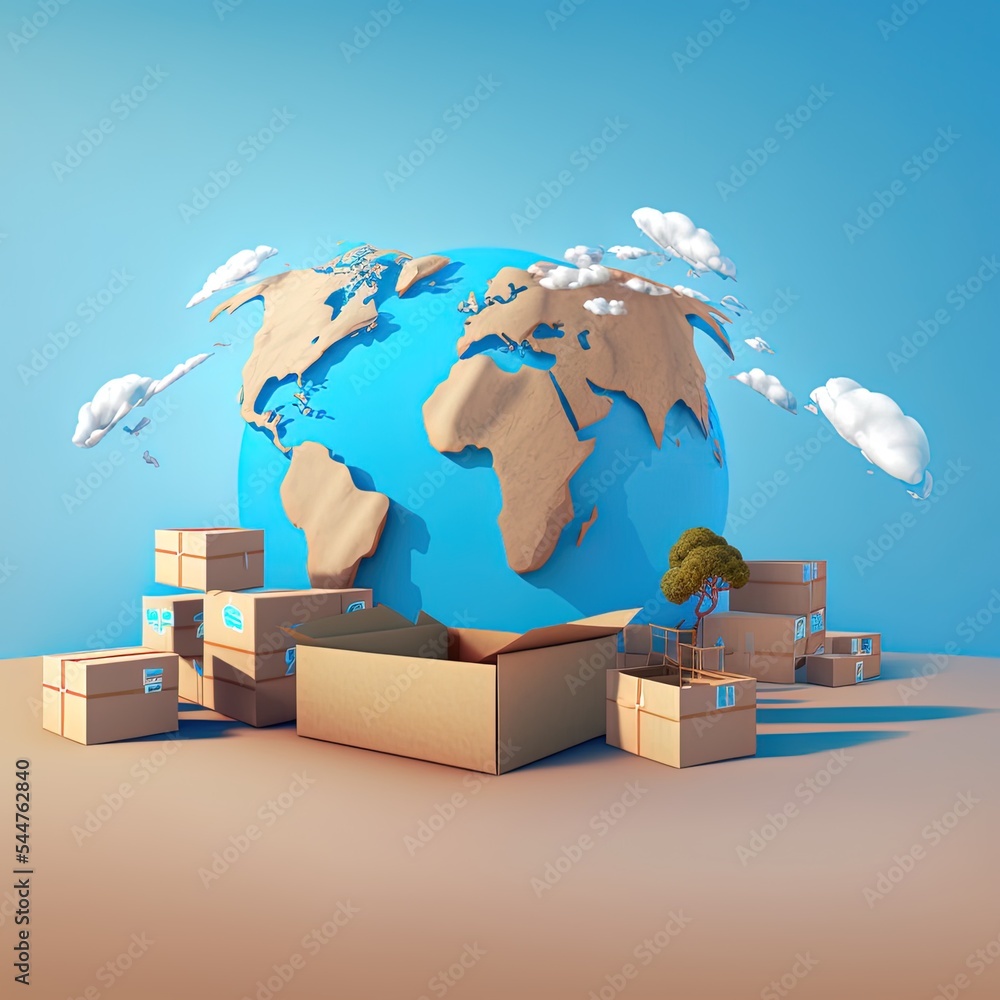 the Earth world map surrounded by cardboard boxes, paper box with gps ...