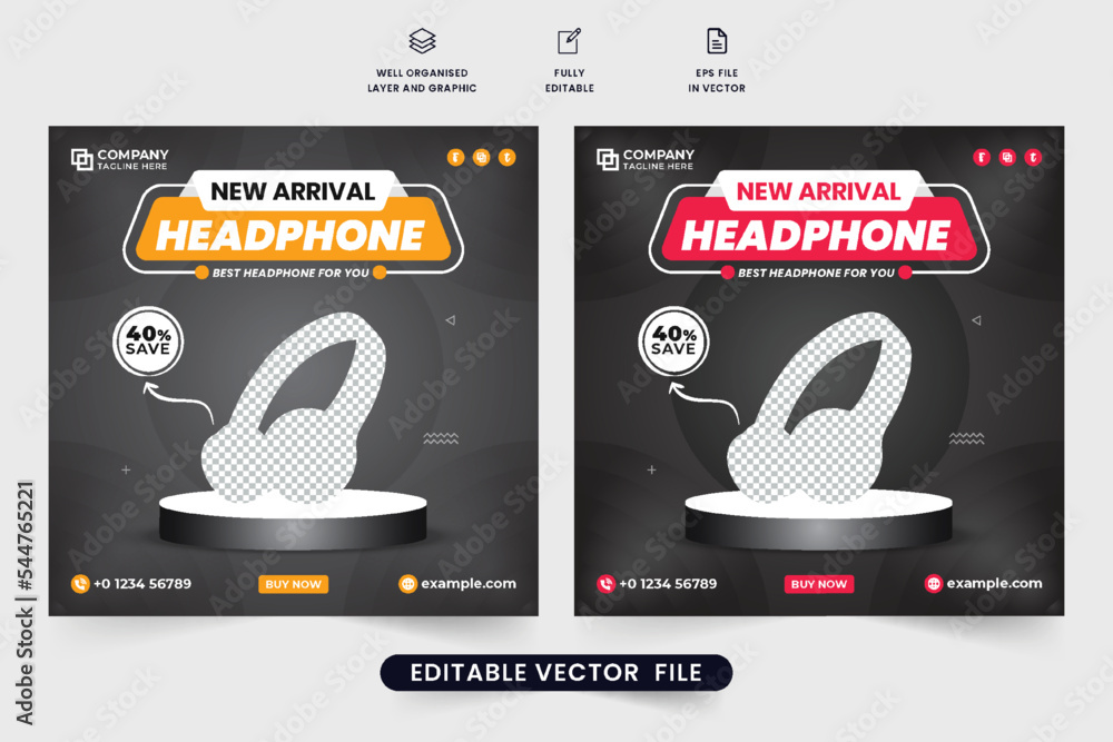 Wireless headphone sale social media post vector on dark backgrounds ...
