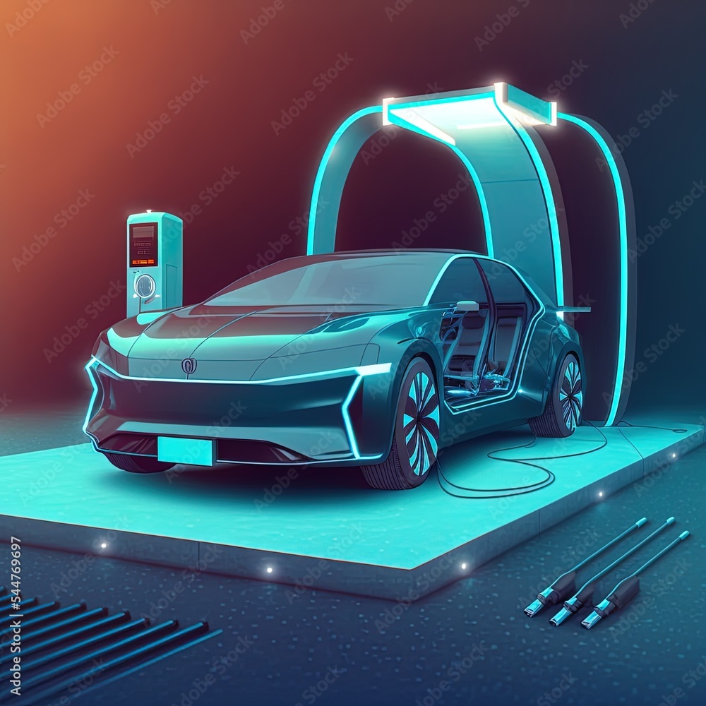 Electric car at charging station. Electric car power cable plugged into ...