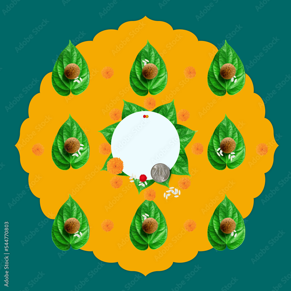 Traditional classic Hindu auspicious occasion background. Top view of ...