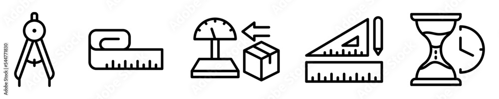 Conjunto de iconos de medición de peso, tiempo y longitud. Regla ...