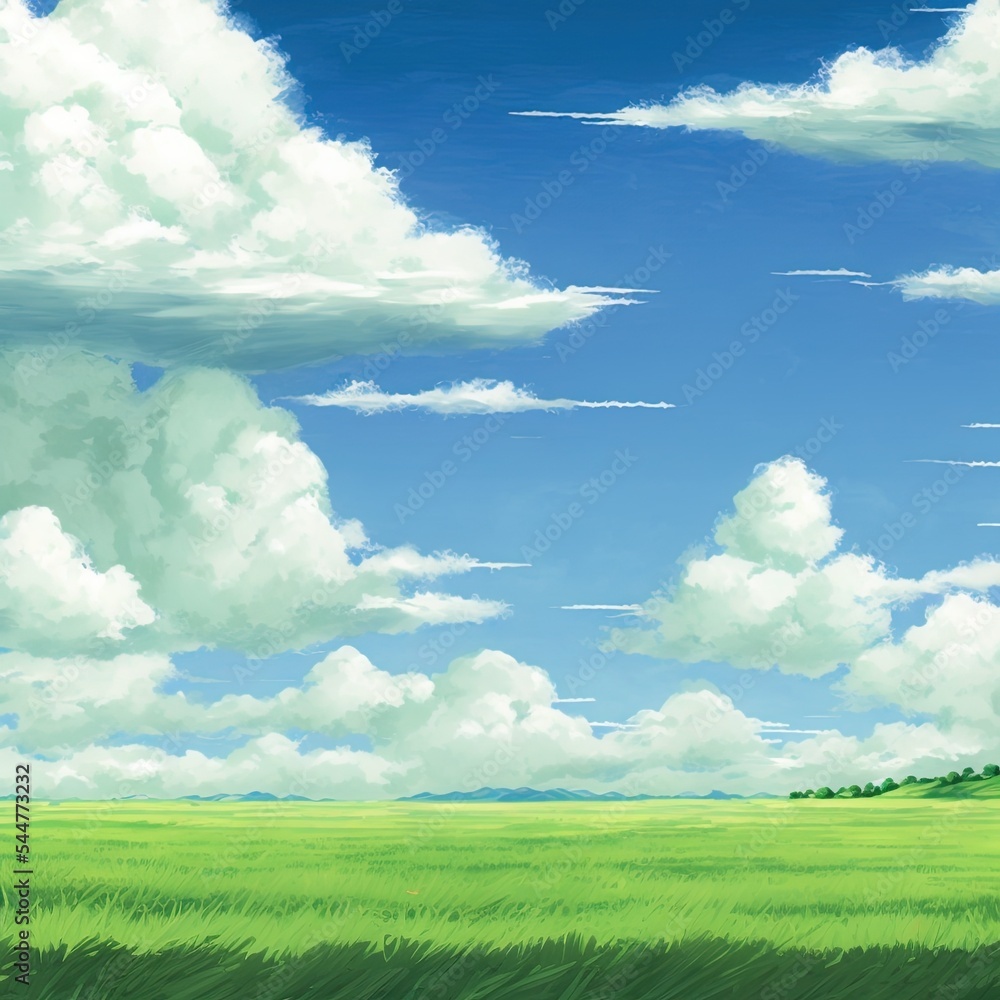Green Field, Day sky clouds Anime Background Stock-Illustration | Adobe ...