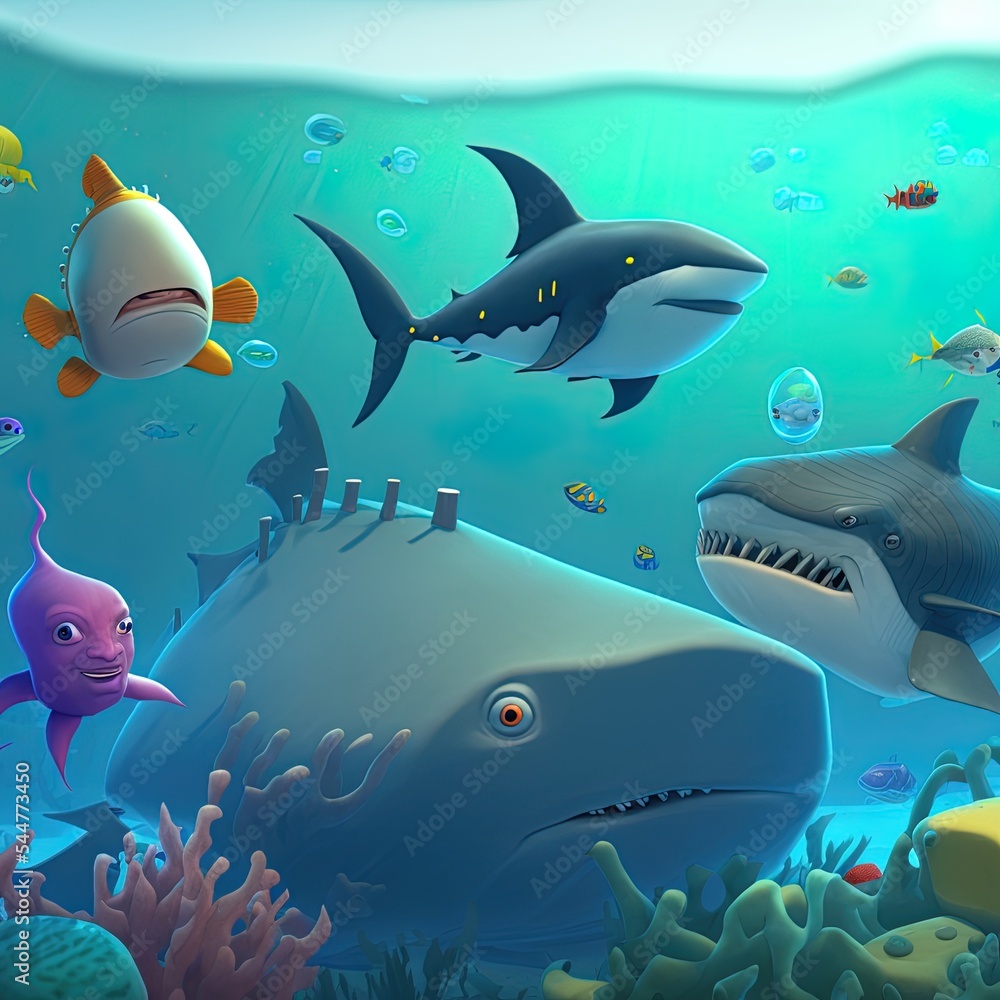 Ocean underwater animals cartoon retro characters with stingray shark ...