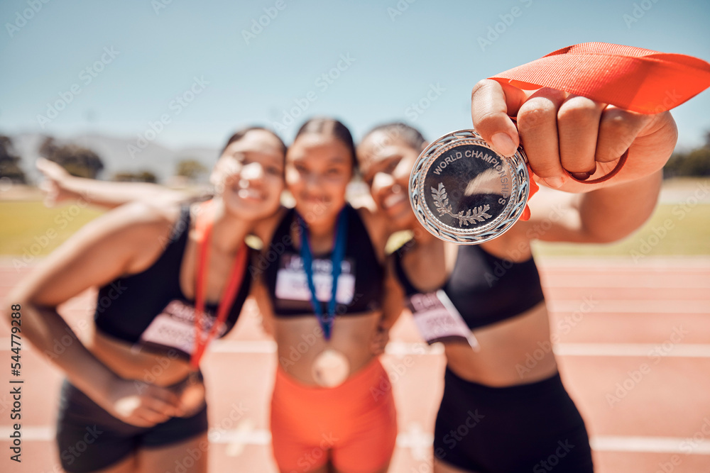 Medal, winner team and athlete women, competition and success at sports ...