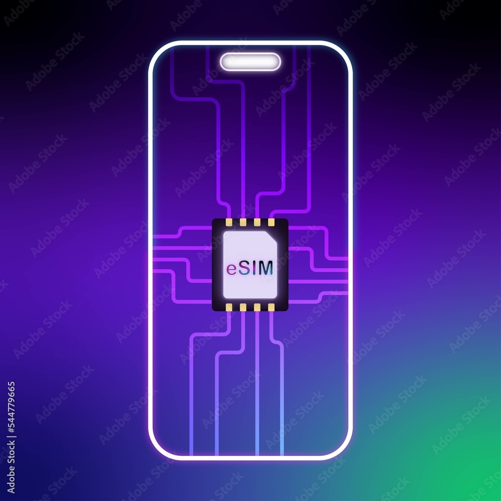 Colorful tech illustration design for the new esim or e-sim with ...