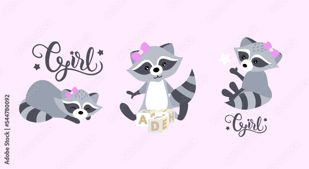 Vector illustration with cartoon gray raccoon on a pink background ...