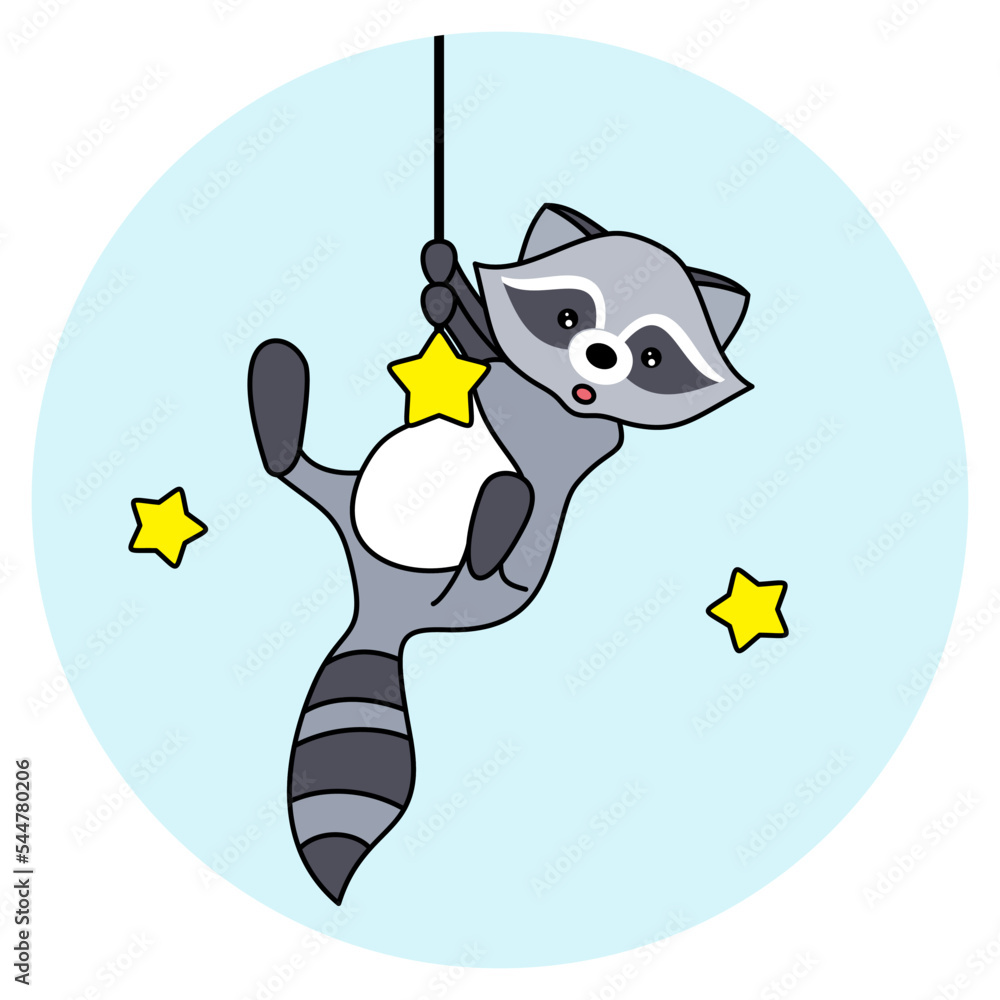 Vector illustration with cartoon gray raccoon on a blue background ...