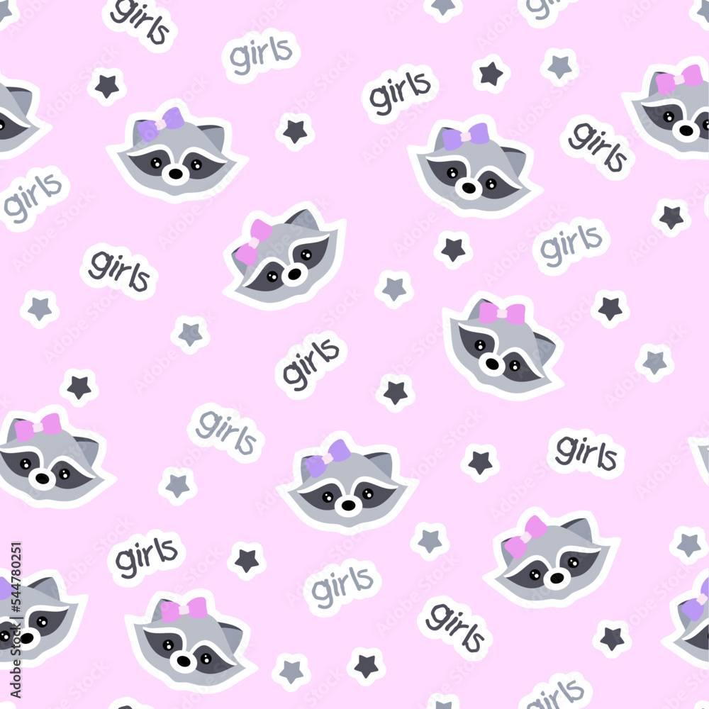Seamless pattern with raccoon heads on a pink background. Isolated ...