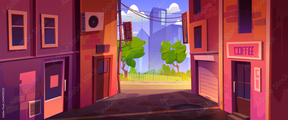 Alleyway with store and coffee house doors in buildings and view to ...