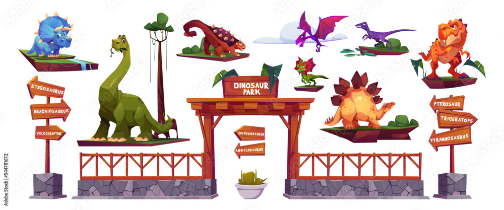 Dinosaur park cartoon characters, arrow signboards and gates ...