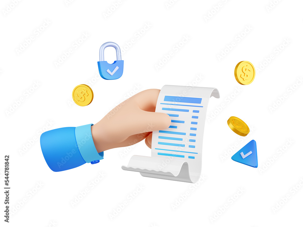 3D illustration of hand with safe payment confirmation bill, dollar ...
