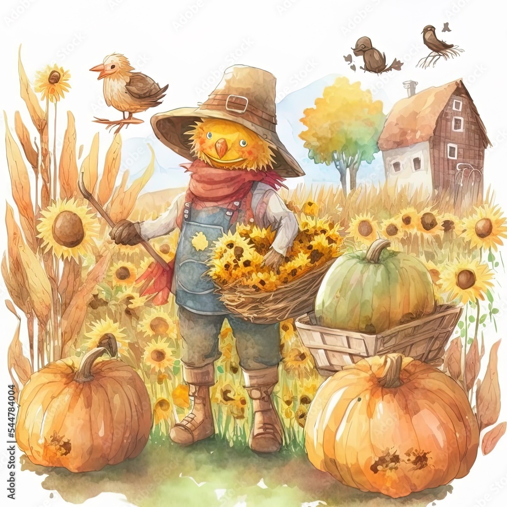 Watercolor farmhouse scarecrow illustration, Autumn harvest scene with ...