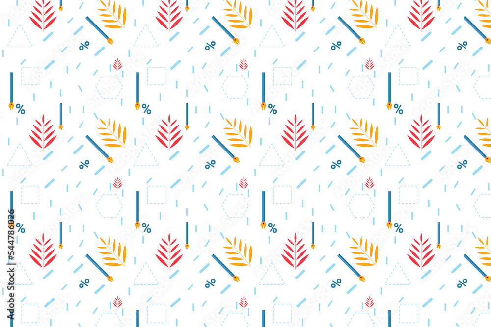 Mathematical pattern decoration with pen and leaf icons on a white ...