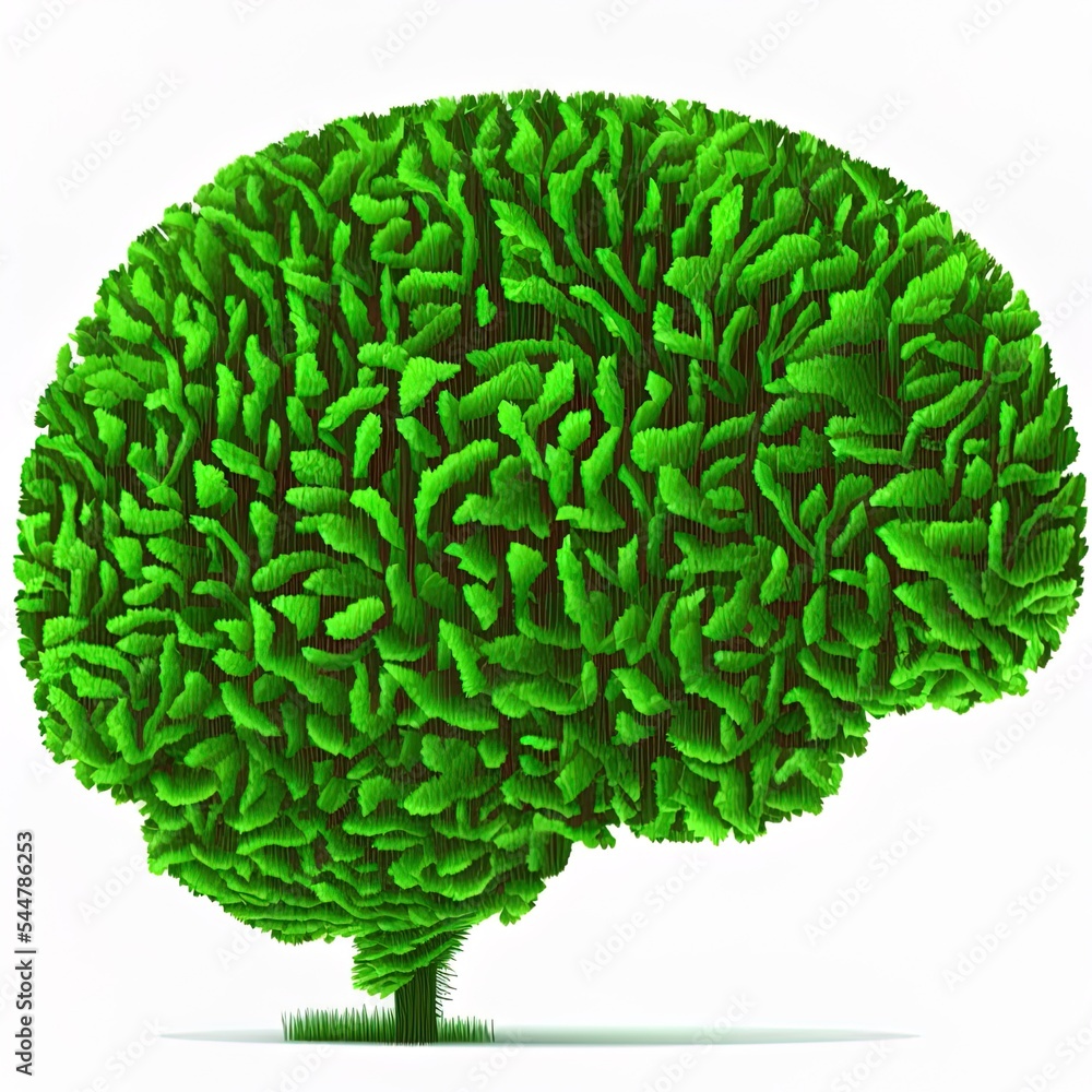 Think Green- human brain is covered with green trees. World environment ...