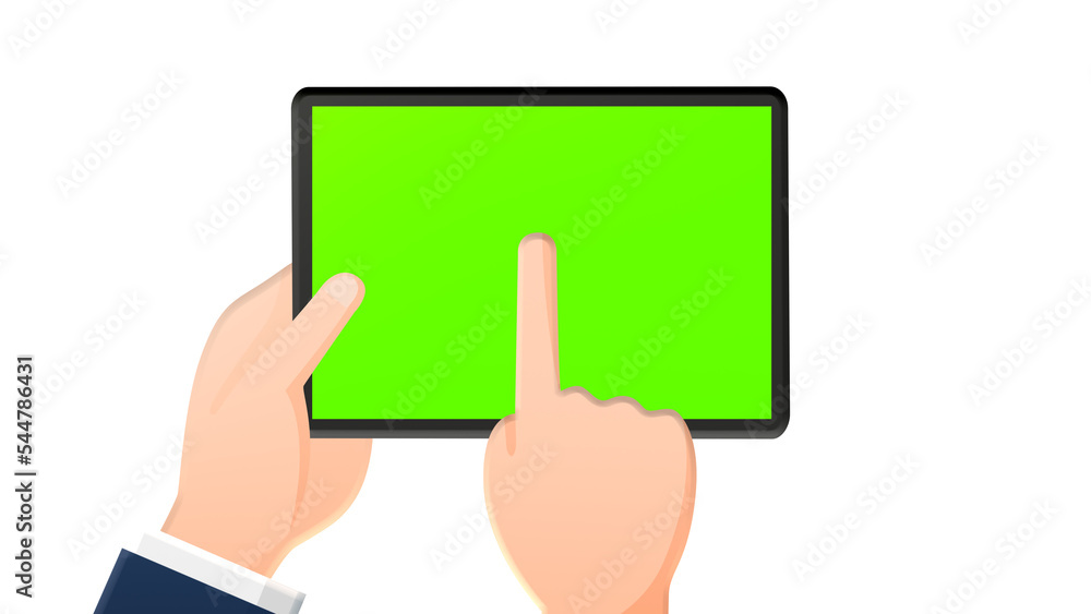 Graphic business man hand holding a tablet with a vertical green screen ...