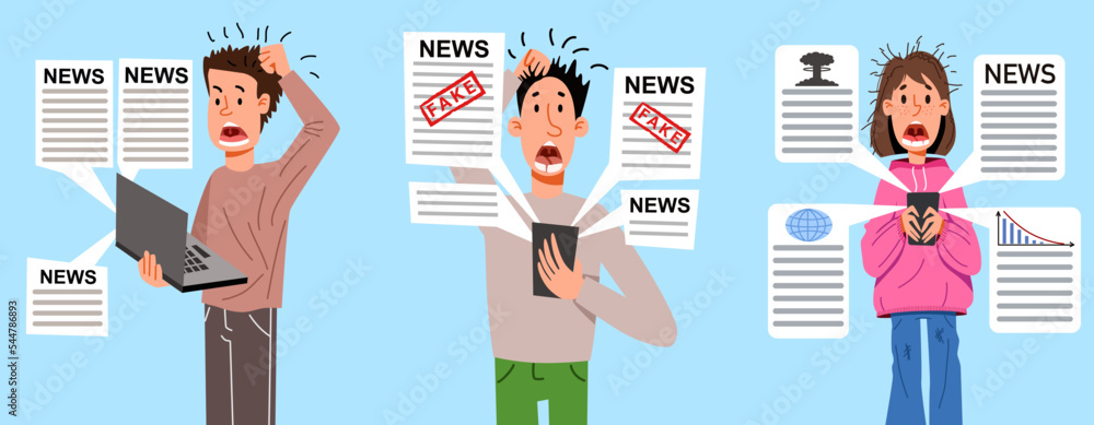 People read the news on the phone. Men and women are shocked by what is ...