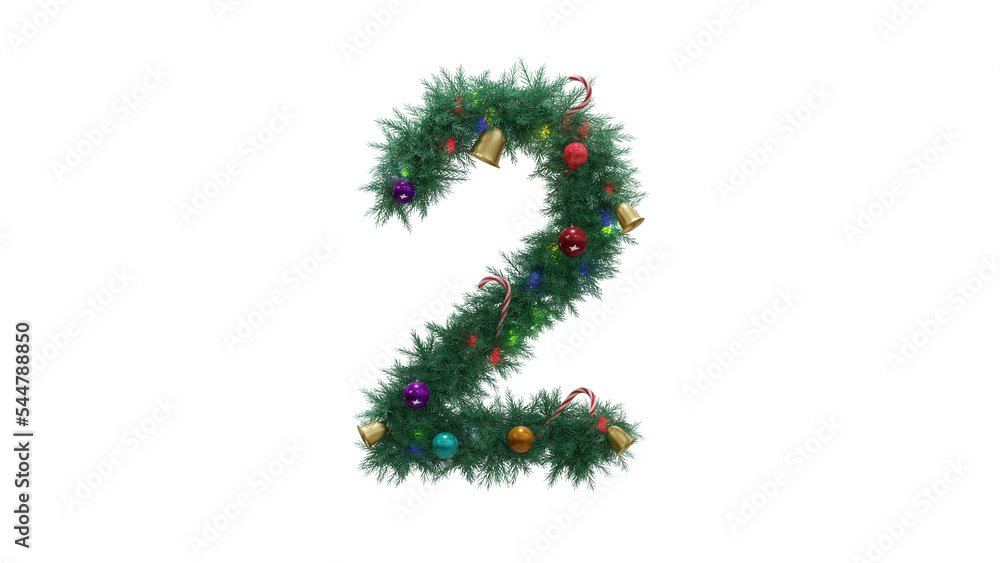 Number 2 from Christmas tree twigs and decorations on transparent ...