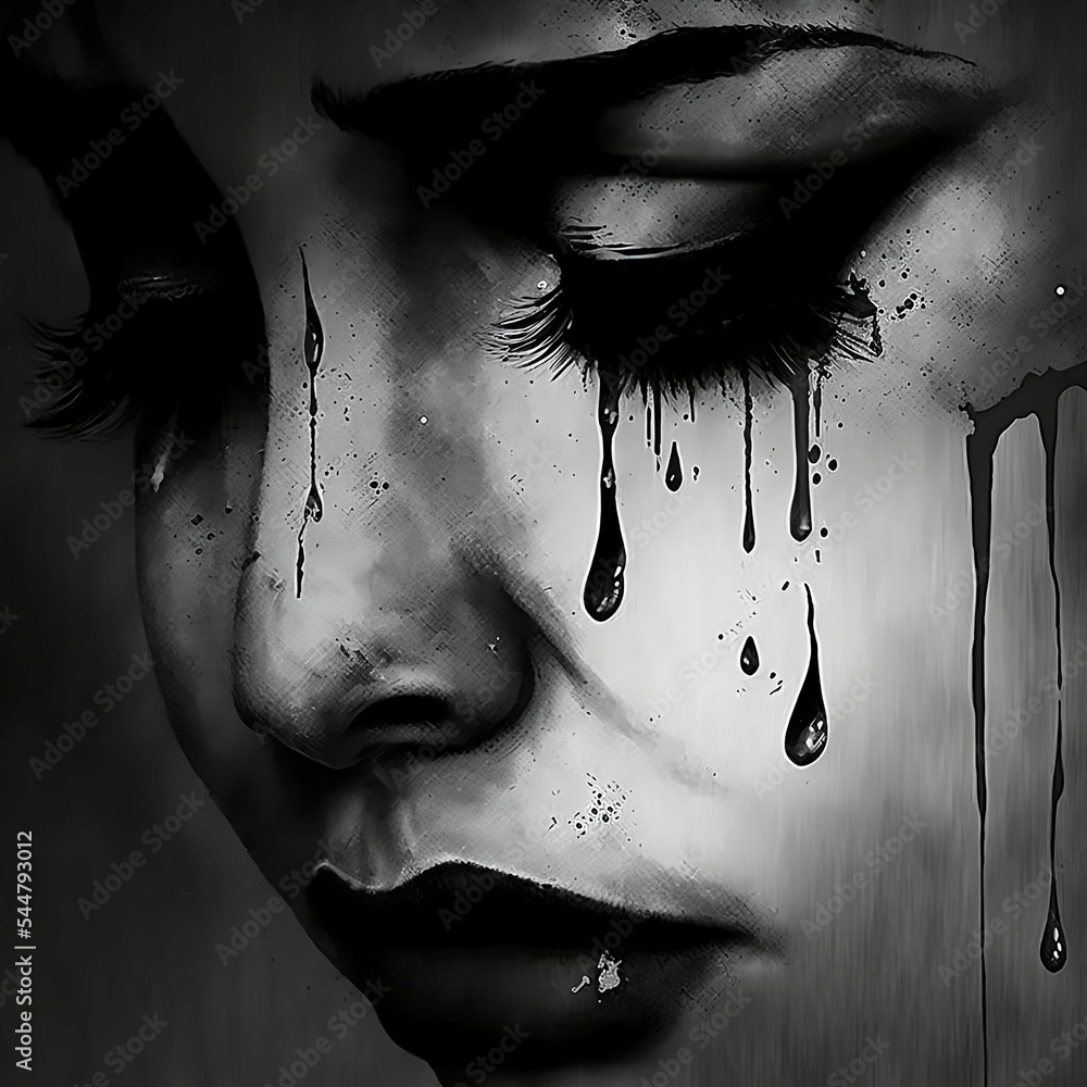 Black And White Greyscale Crying Upclose Portrait Painting Drawing of ...