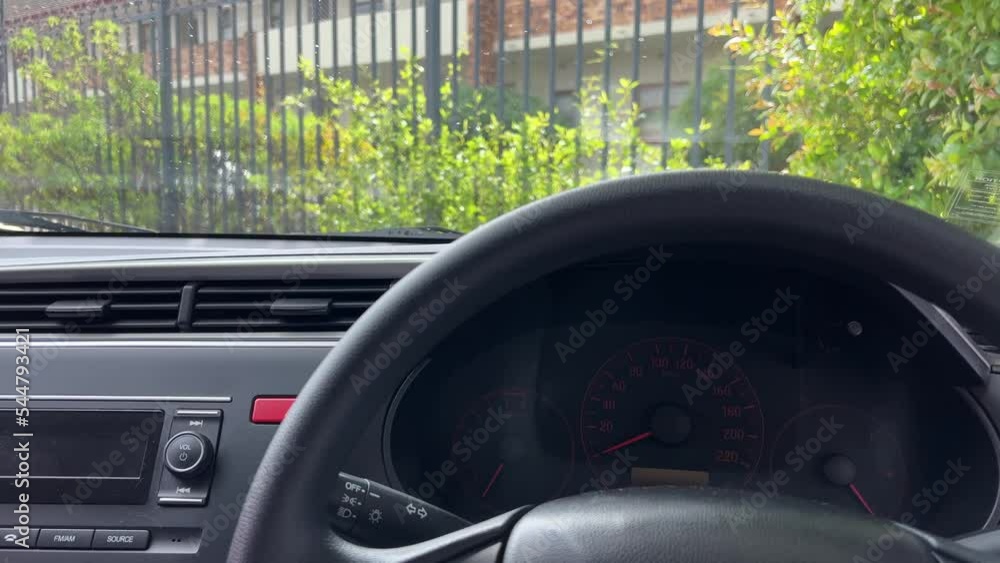 Car steering wheel front view dashboard with trees in the wind Stock ...
