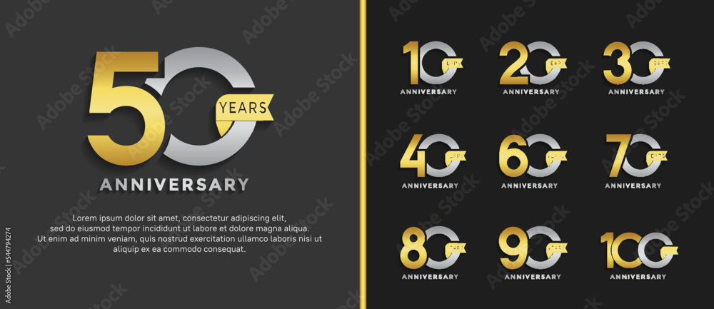 set of anniversary logo style silver and golden color on black ...