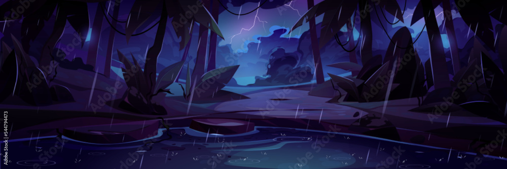 Tropical rain in night jungle forest with swamp or lake under ...