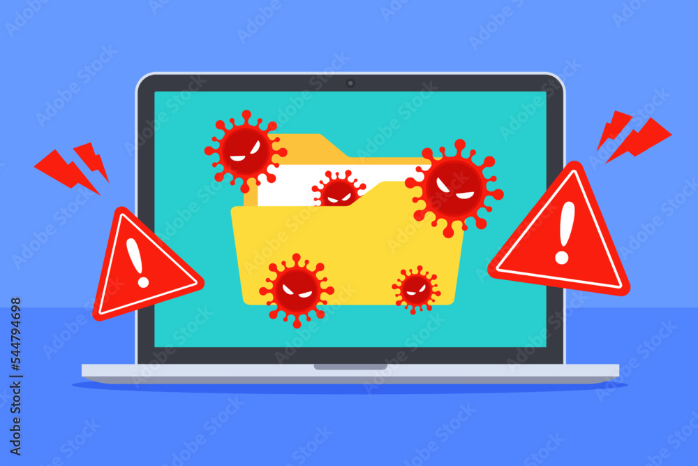 Document folder icon with computer viruses on laptop screen. Technology ...