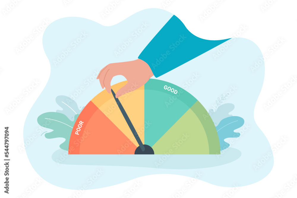 Hand turning pointer on credit score indicator or gauge. Color levels ...