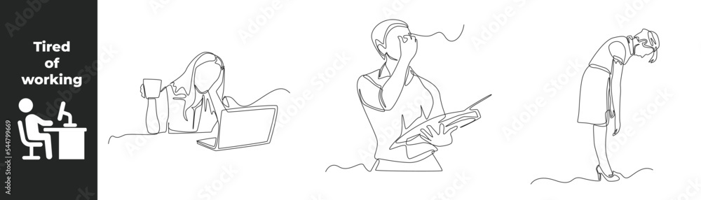 Continuous one line drawing fatigue set concept at work. Workers are ...