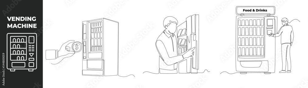 Continuous one line drawing vending machine set concept. Businessman ...