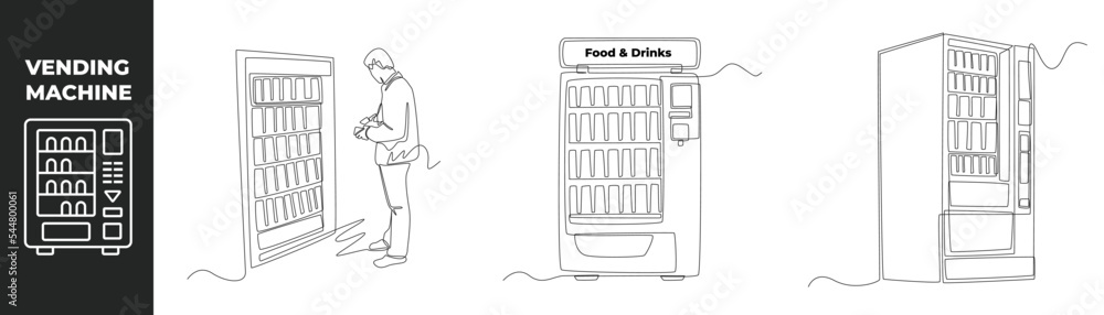 Continuous one line drawing vending machine set concept. Businessman ...