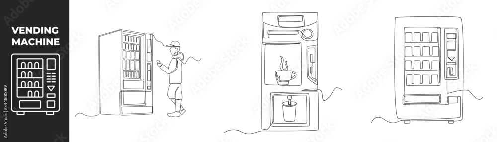 Continuous one line drawing vending machine set concept. Smart boy use ...
