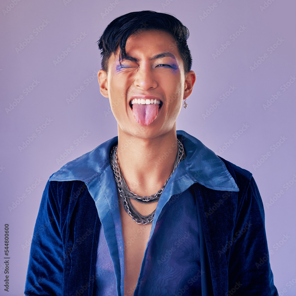 Fashion, purple and crazy punk model with creative eyeliner, makeup ...