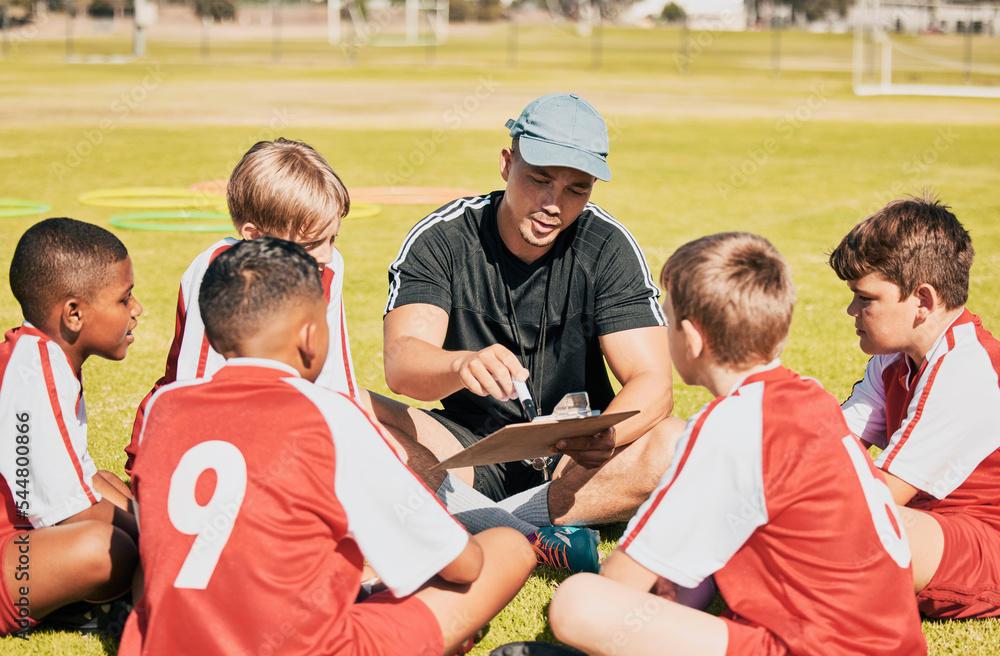 Teamwork, coaching and football with children on field for training ...