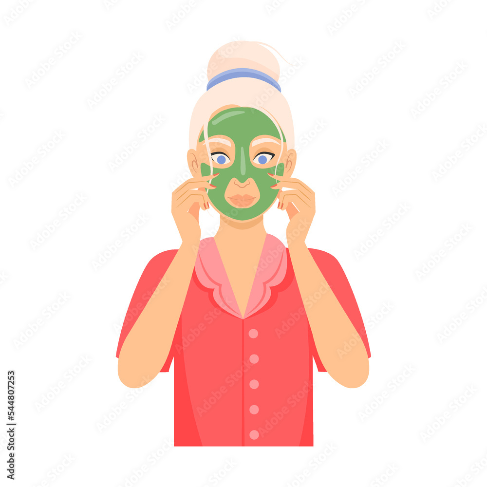 Cartoon girl puts on a cosmetic mask doing skincare routine vector ...