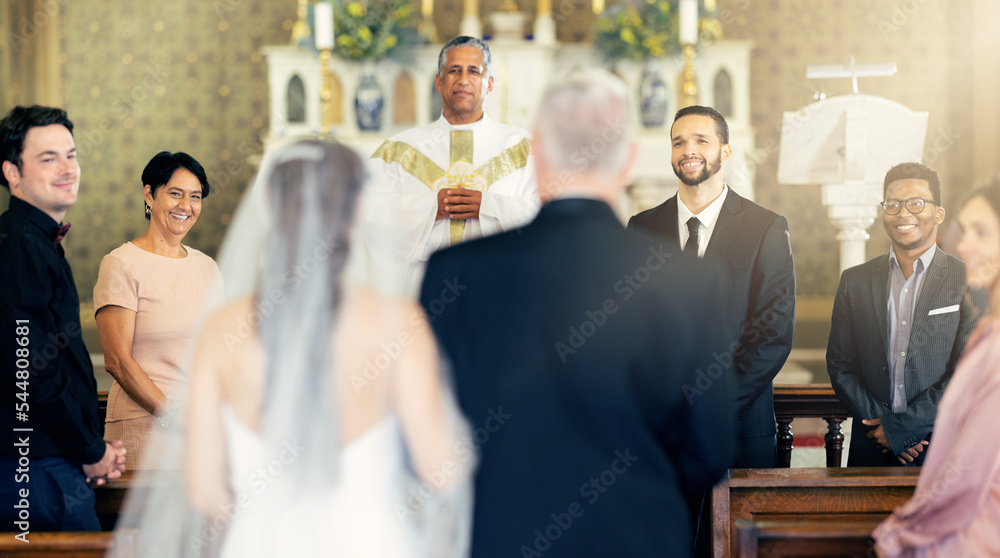 Wedding, love and bride and father walking the aisle in a church for ...