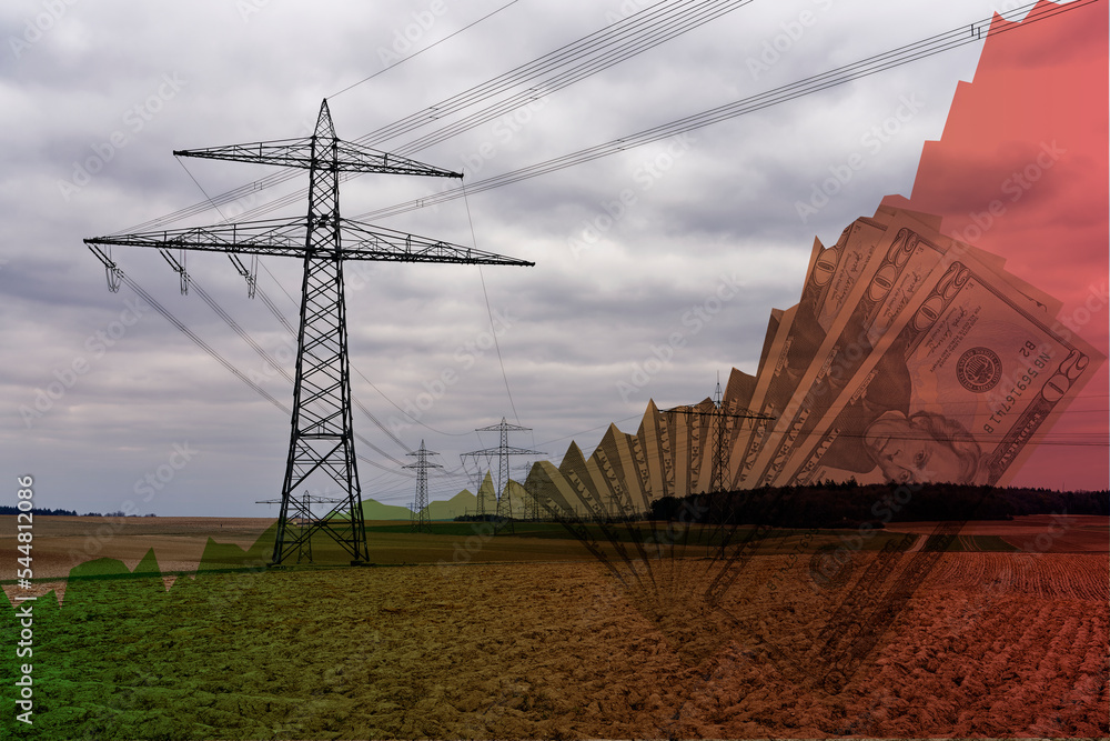 Rising energy prices, many power poles in a field at the edge of the ...
