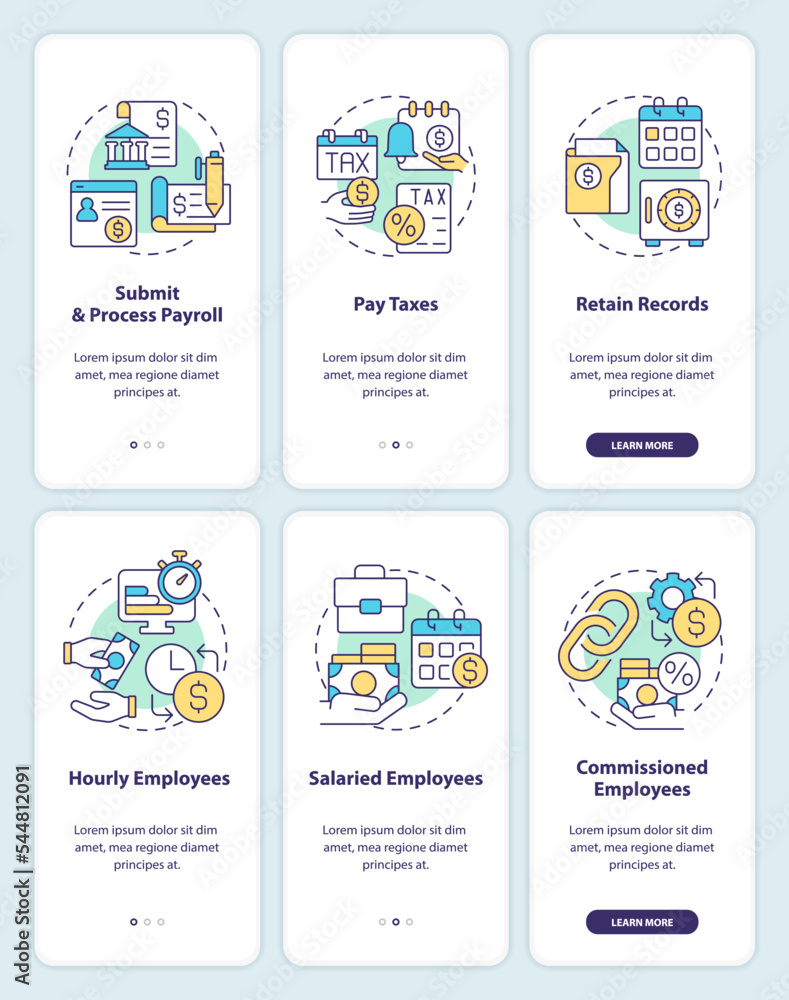 Payroll processing stages and ways onboarding mobile app screen set. Walkthrough 3 steps ...