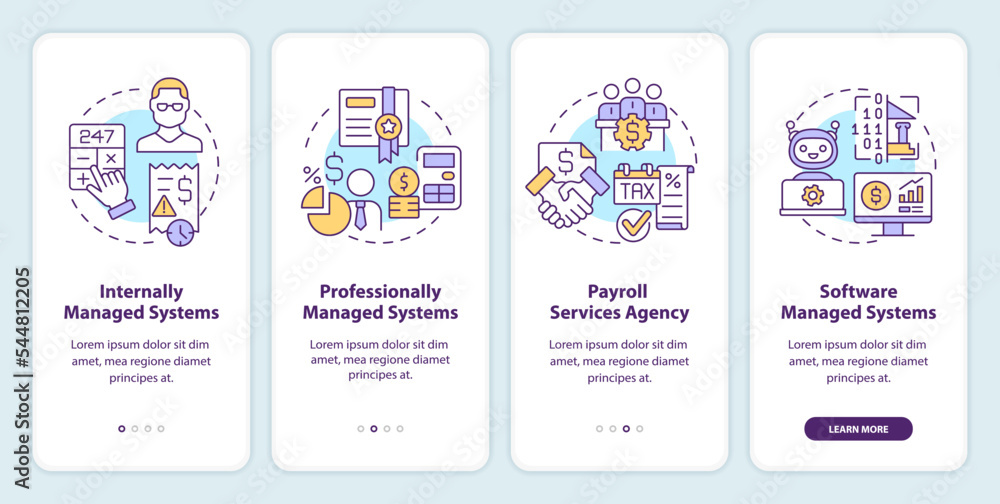 Types of payroll systems onboarding mobile app screen. Salary ...