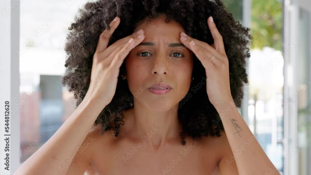 Worry, skincare and black woman face with anxiety about skin wellness ...