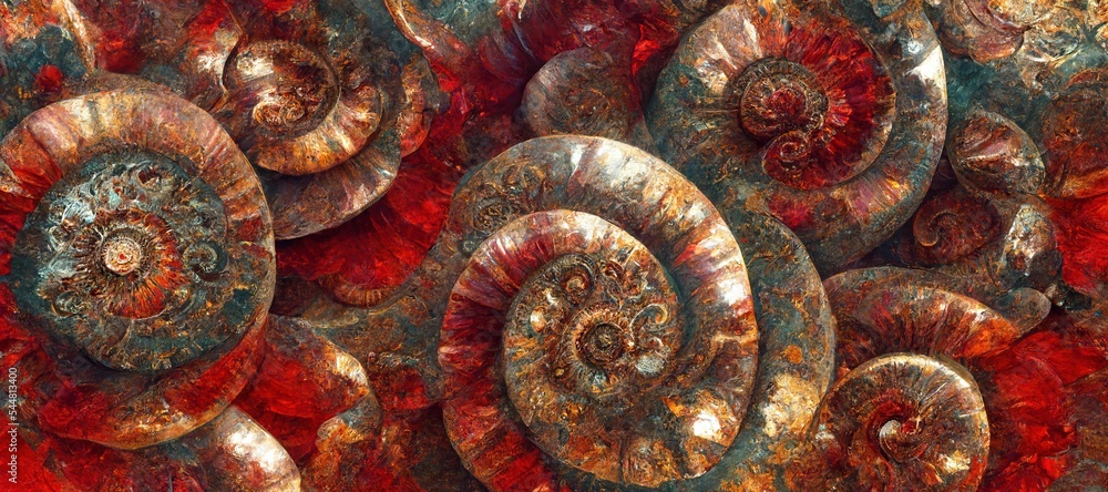 Elaborate and unique calcified maroon ammonite sea shell spirals ...