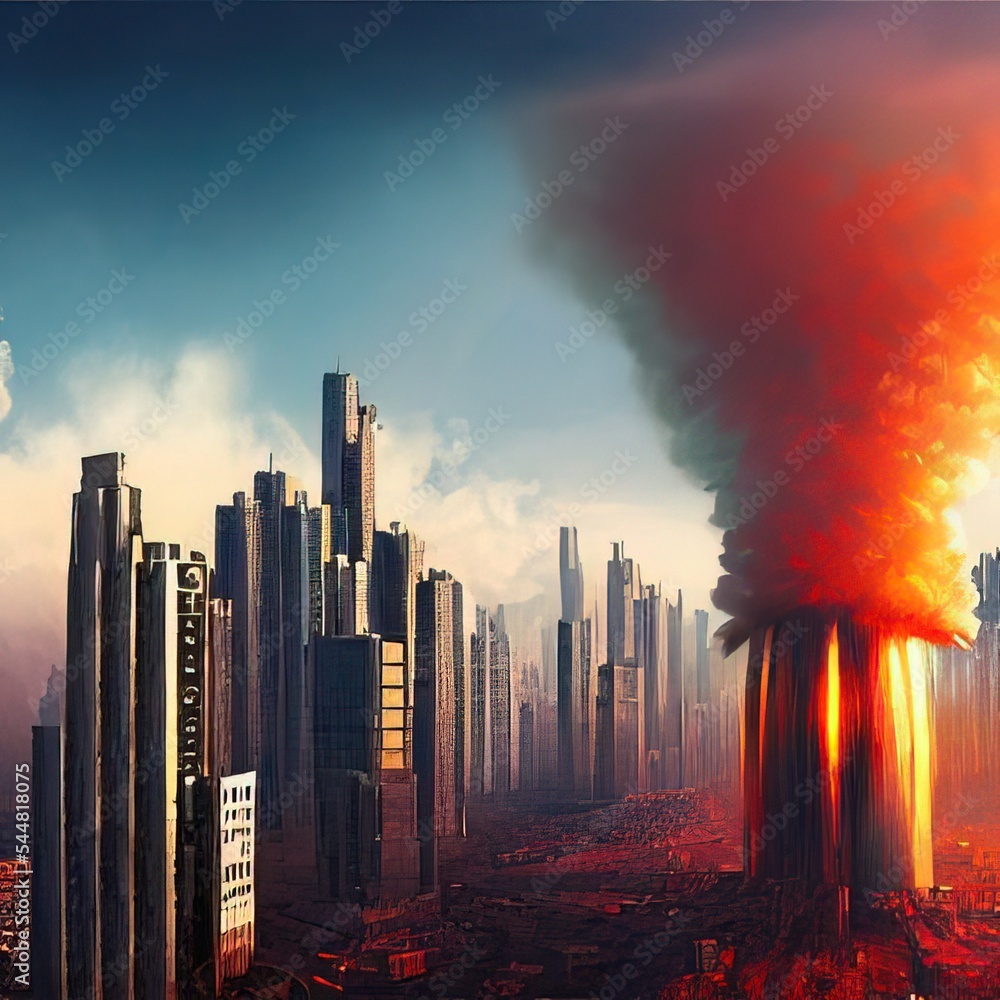 Explosion of a nuclear bomb over a big city, metropolis - a mushroom ...