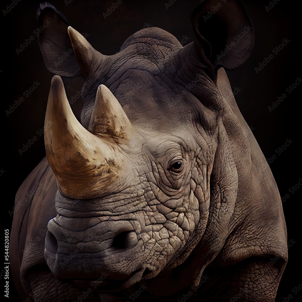 Grey rhinoceros. Stunning photorealistic illustrated portrait with ... Grey rhinoceros. Stunning photorealistic illustrated portrait with ...