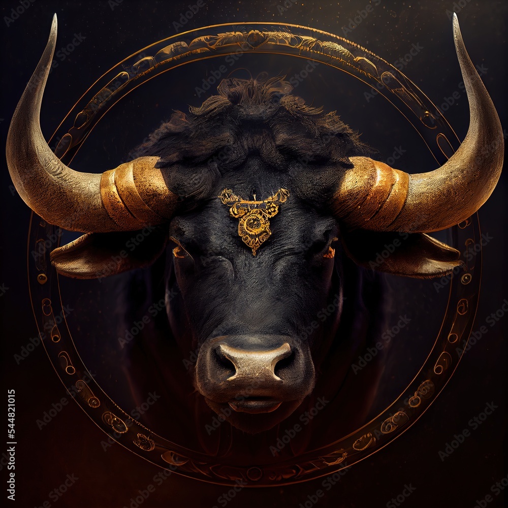 Black bull's head with ornate horns in round golden frame Stock ...