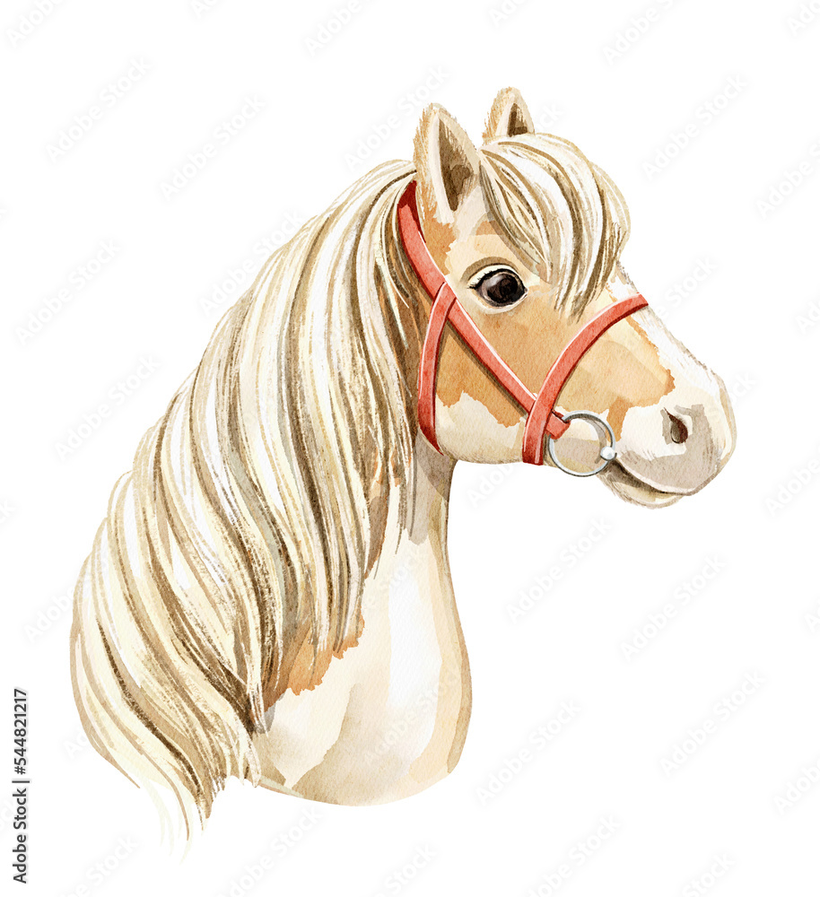 Watercolor vintage cute animal red horse head with smile isolated on ...